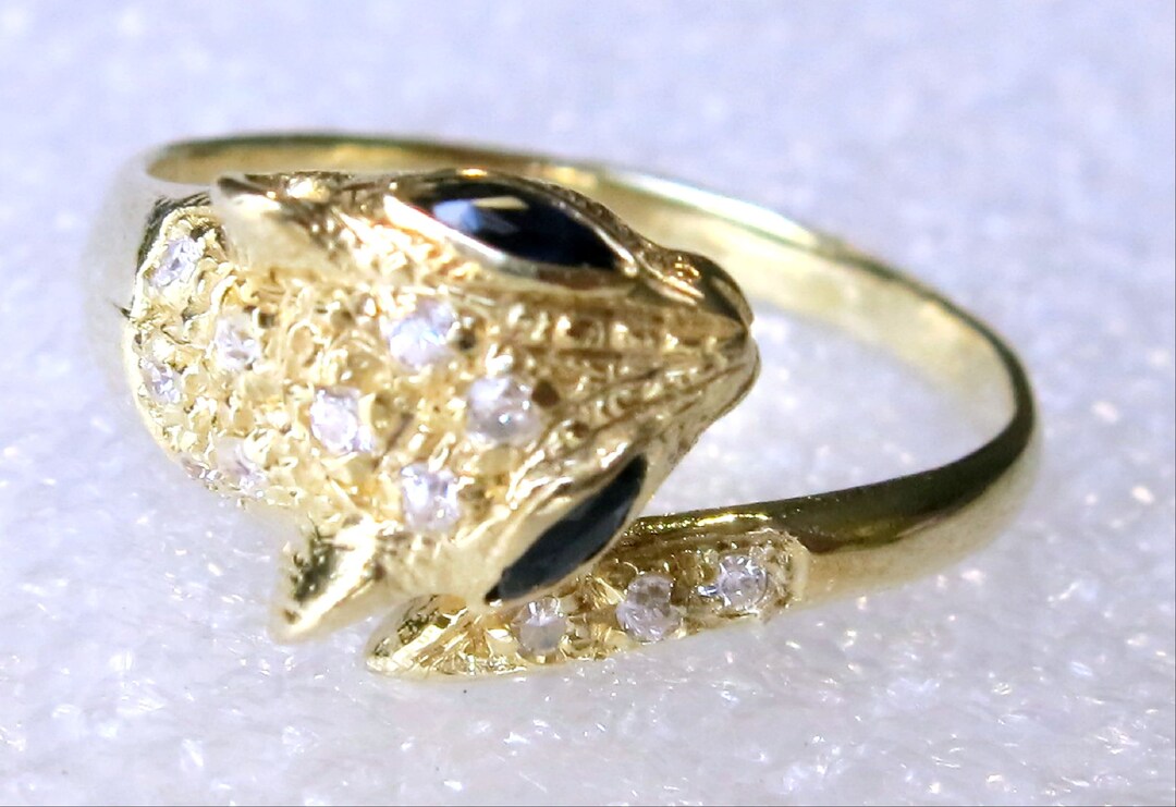 Cute Sterling Silver-gilt Animal Head Ring Set Withsapphire Eyes + 12 ...