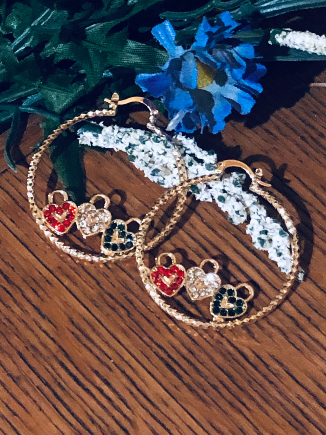 14K Gold Plated 1-1/2” Día. Triple Heart Red Green White Hoops Earrings ...