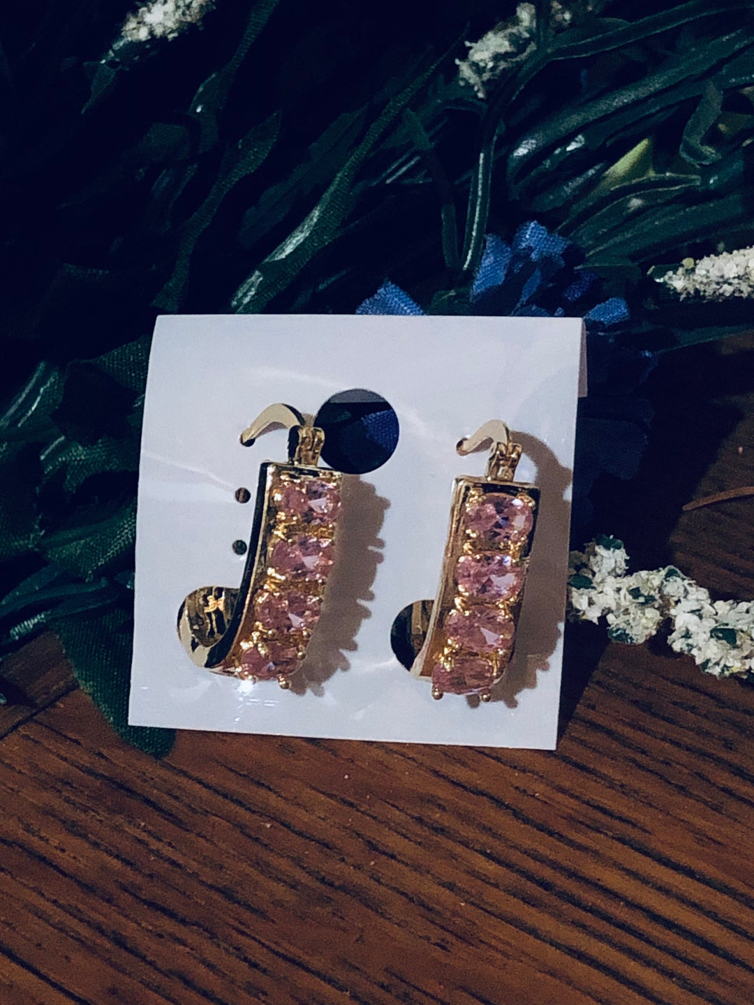 14K Gold Plated 1” Droopy Día. Quadruple Stone Pink Hoops Earrings - Etsy