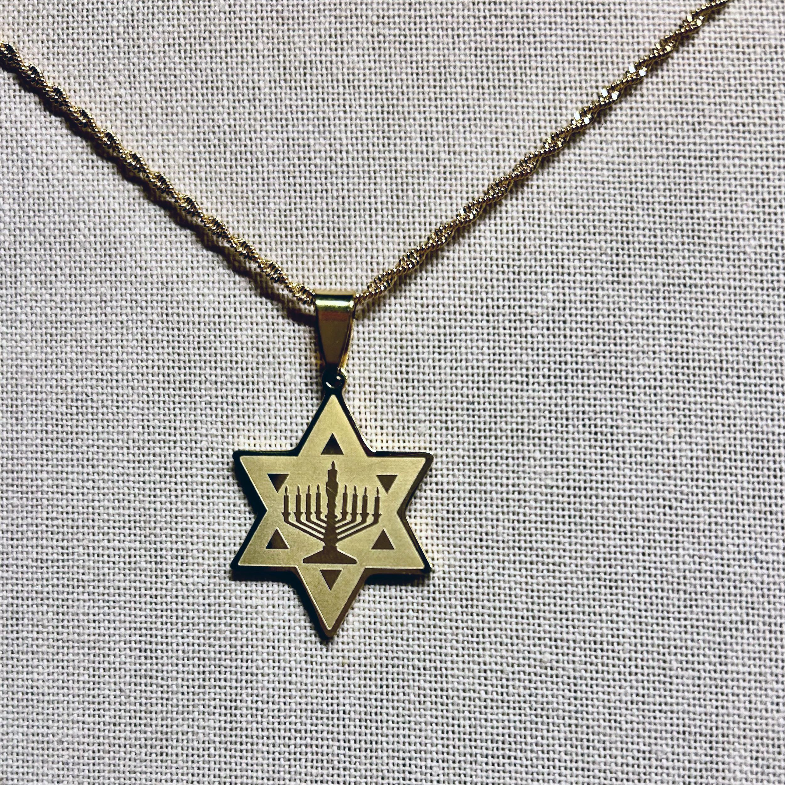 Gold Menorah Etched in Jewish Star Necklace - Hanukkah Jewelry - Gold ...