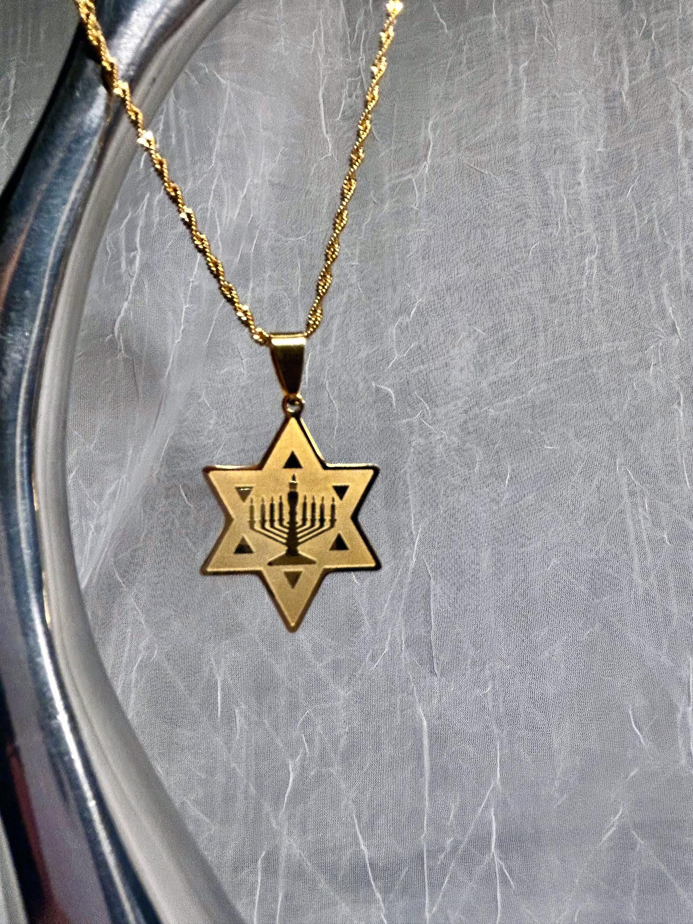 Gold Menorah Etched in Jewish Star Necklace - Hanukkah Jewelry - Gold ...