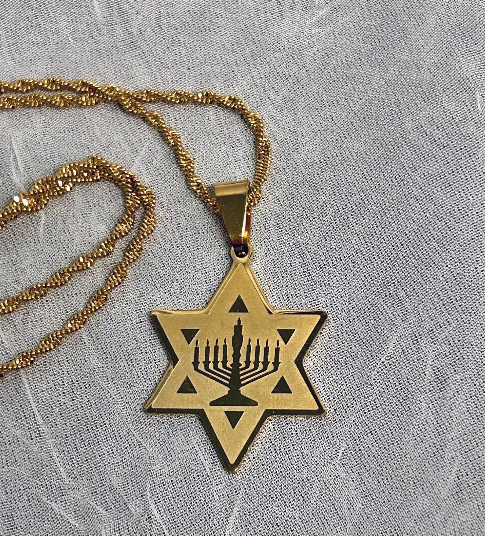 Gold Menorah Etched in Jewish Star Necklace - Hanukkah Jewelry - Gold ...