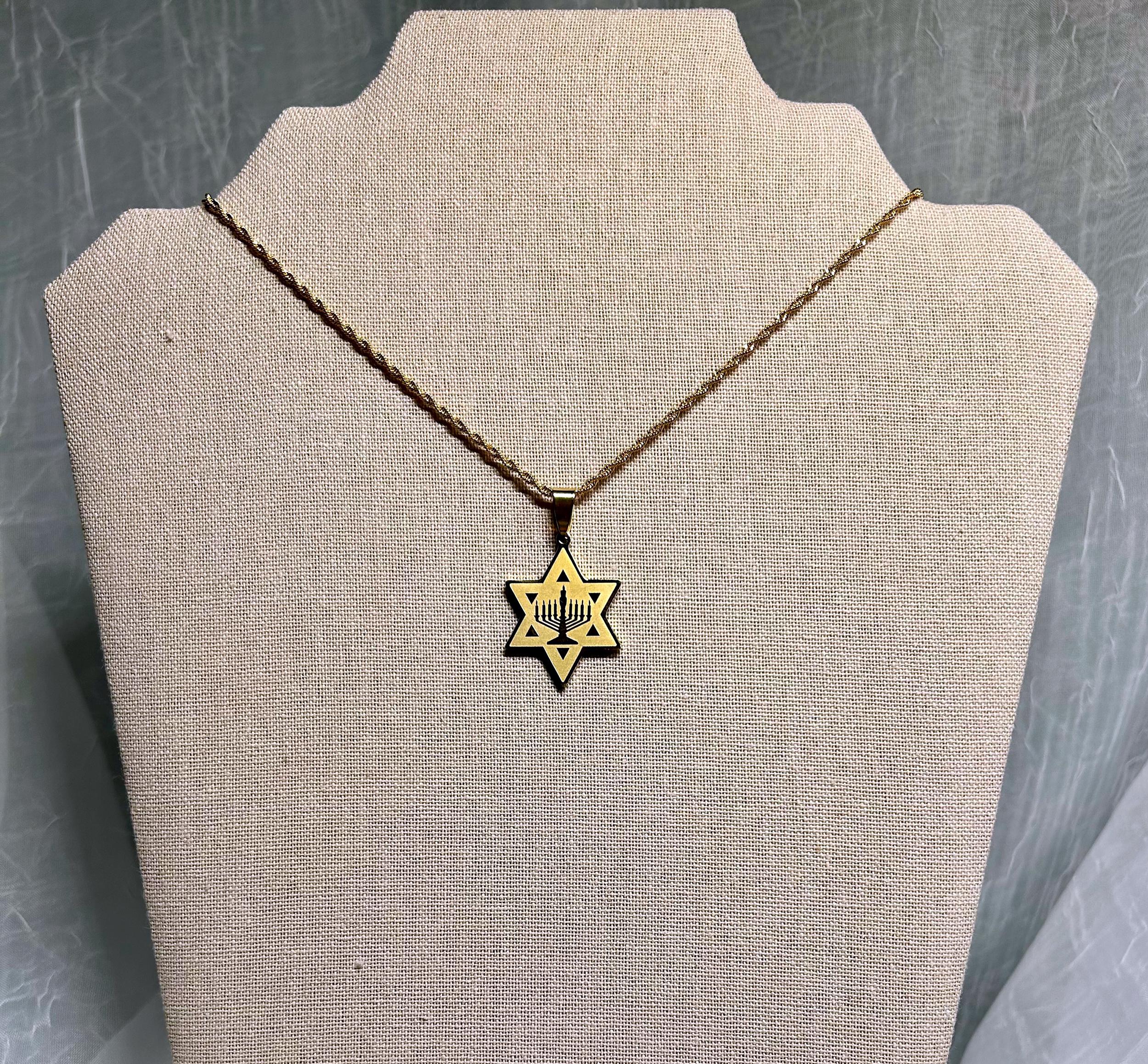 Gold Menorah Etched in Jewish Star Necklace - Hanukkah Jewelry - Gold ...