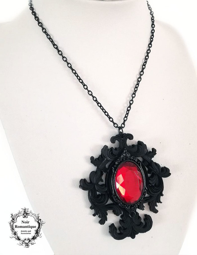 Black Gothic Resin Necklace With Ruby Gem-gothic Ornate - Etsy