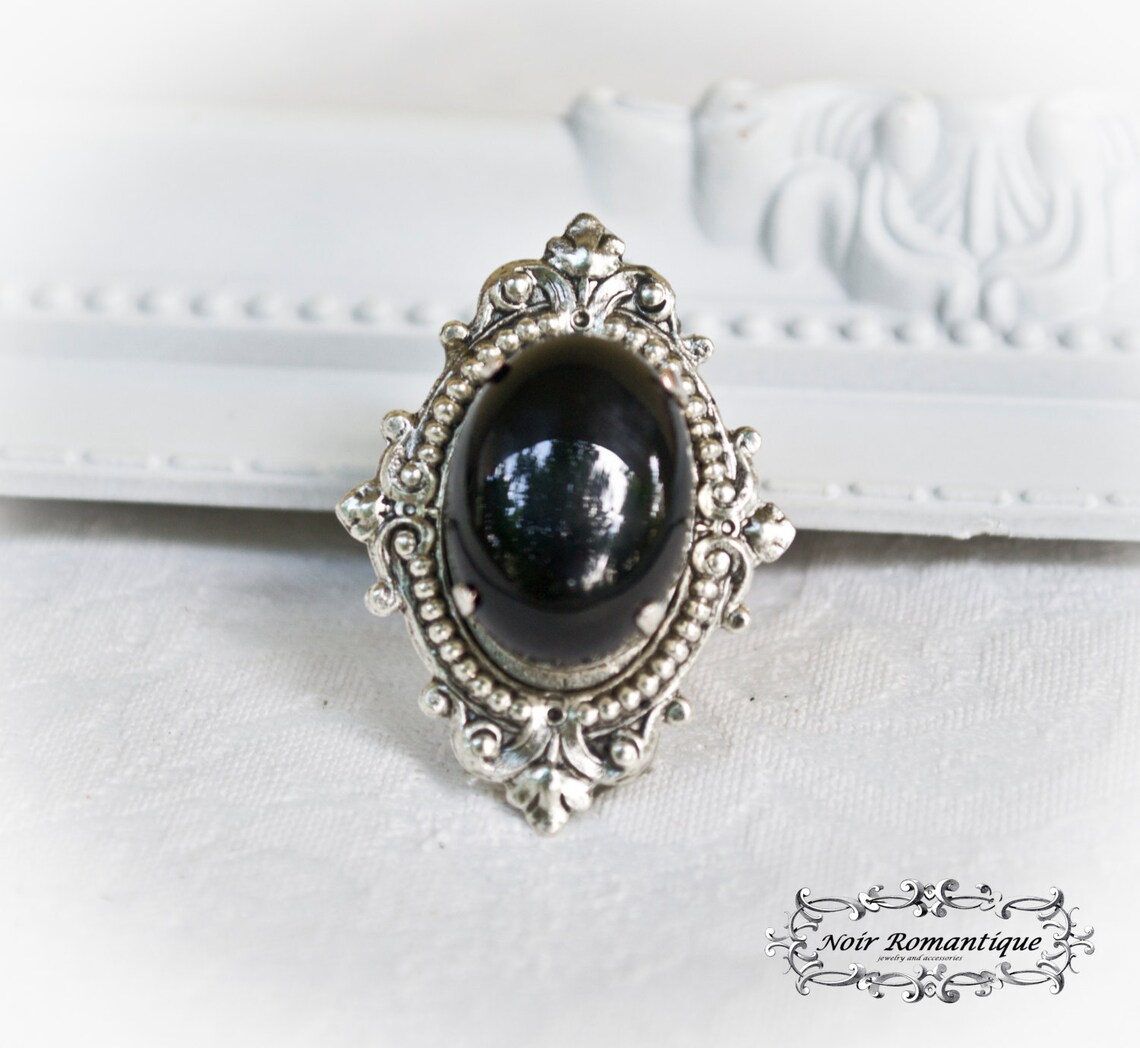 Silver Ornate Gothic Ring-victorian Gothic Ring-onyx Ring-silver Ring ...