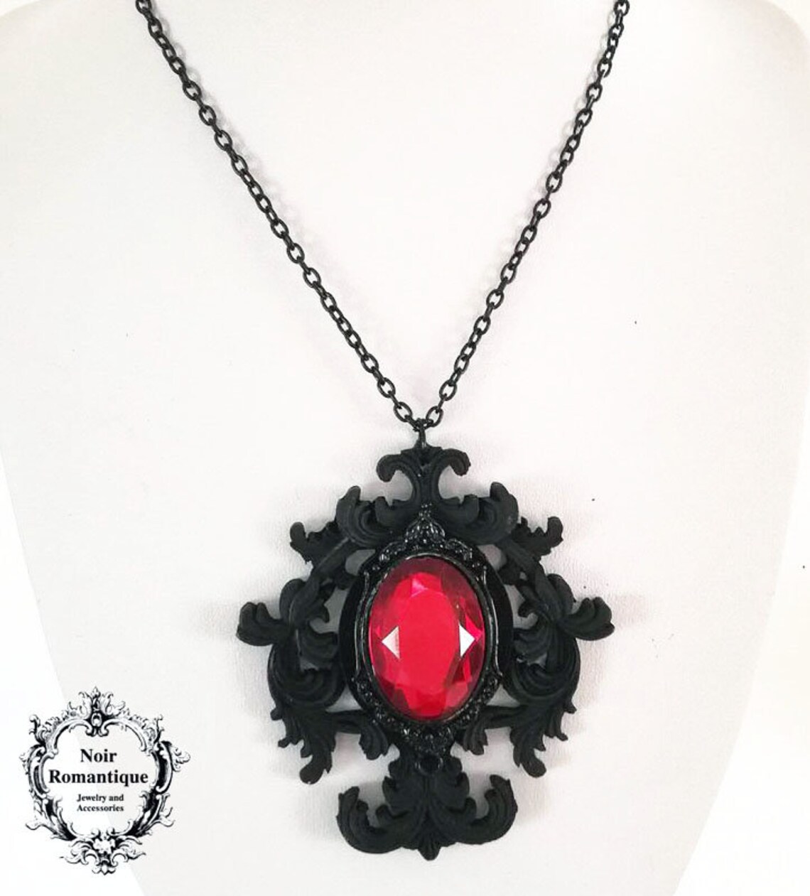 Black Gothic Resin Necklace With Ruby Gem-gothic Ornate | Etsy