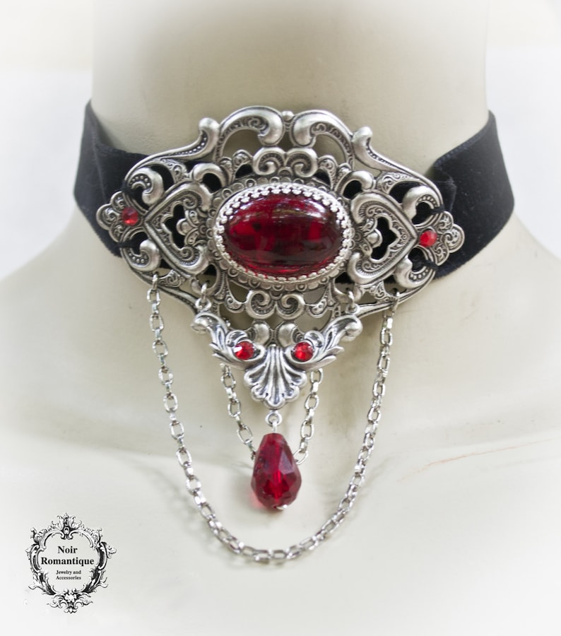 Black Velvet Victorian Gothic Choker With Ruby Gem Gothic Etsy