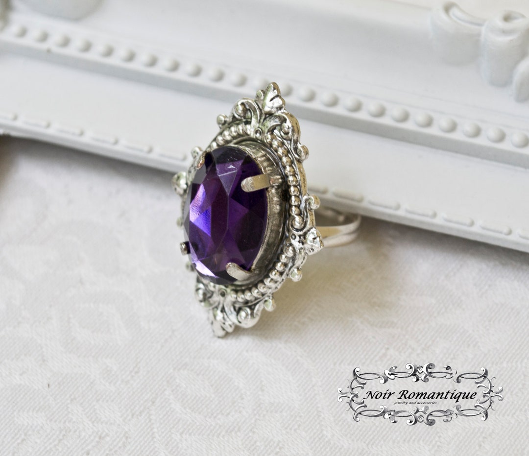 Victorian Gothic Silver Ornate Adjustable Ring With Amethyst Jewel ...
