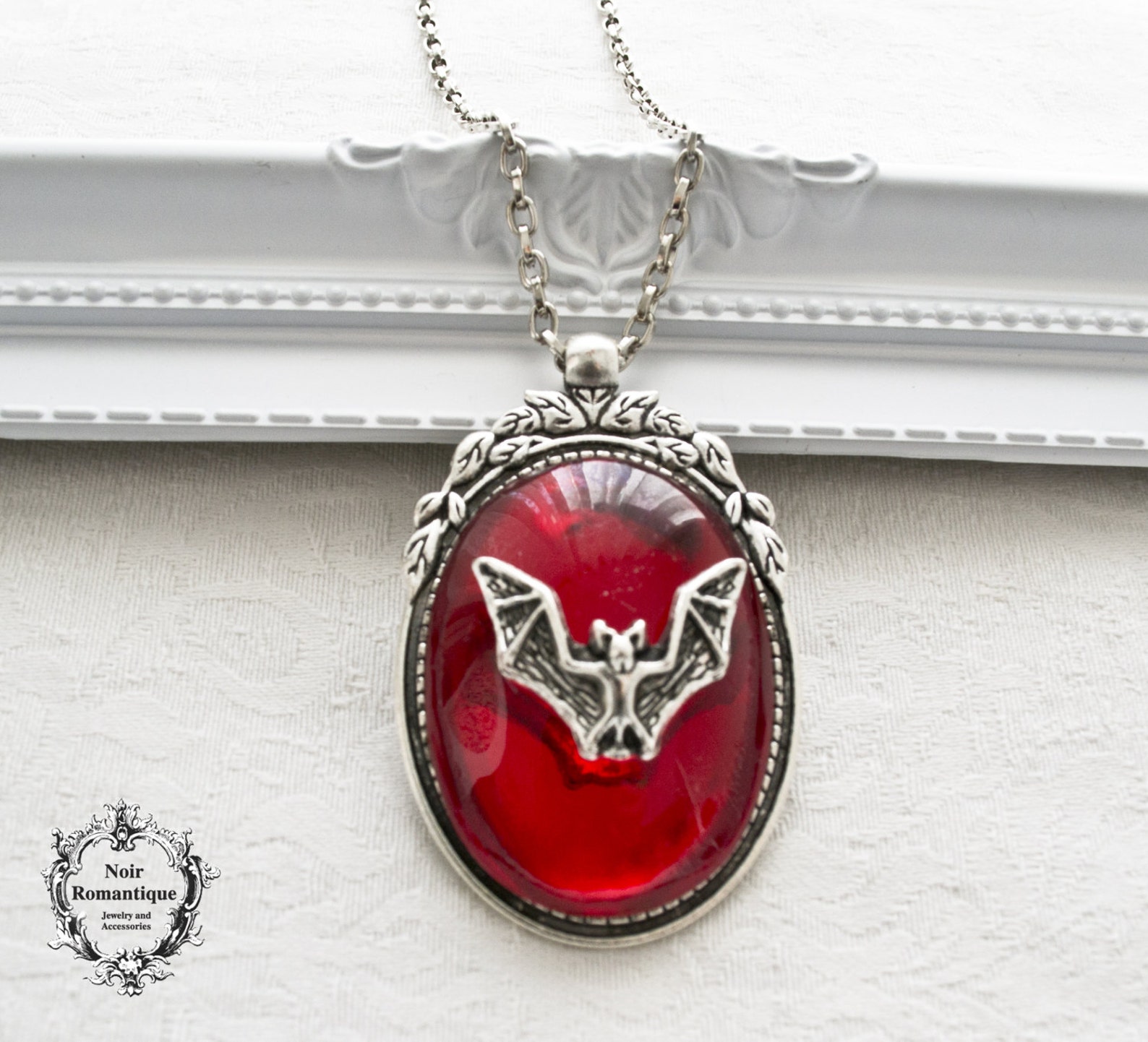 Silver Vampire Bat Necklace With Ruby Gem-gothic | Etsy