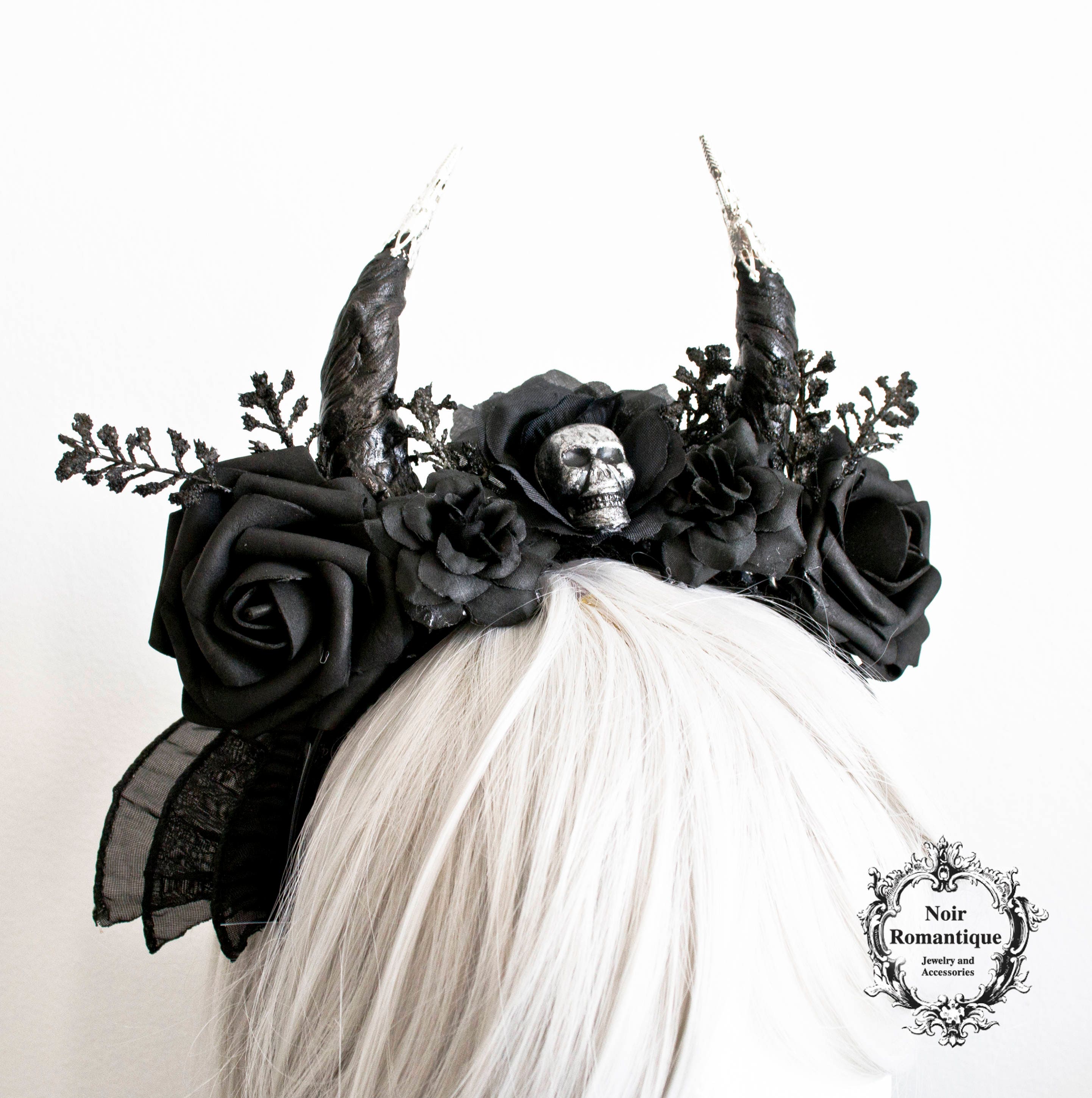 Black Gothic Flower Horn Headband-gothic Skull Headpiece- Black Flower ...
