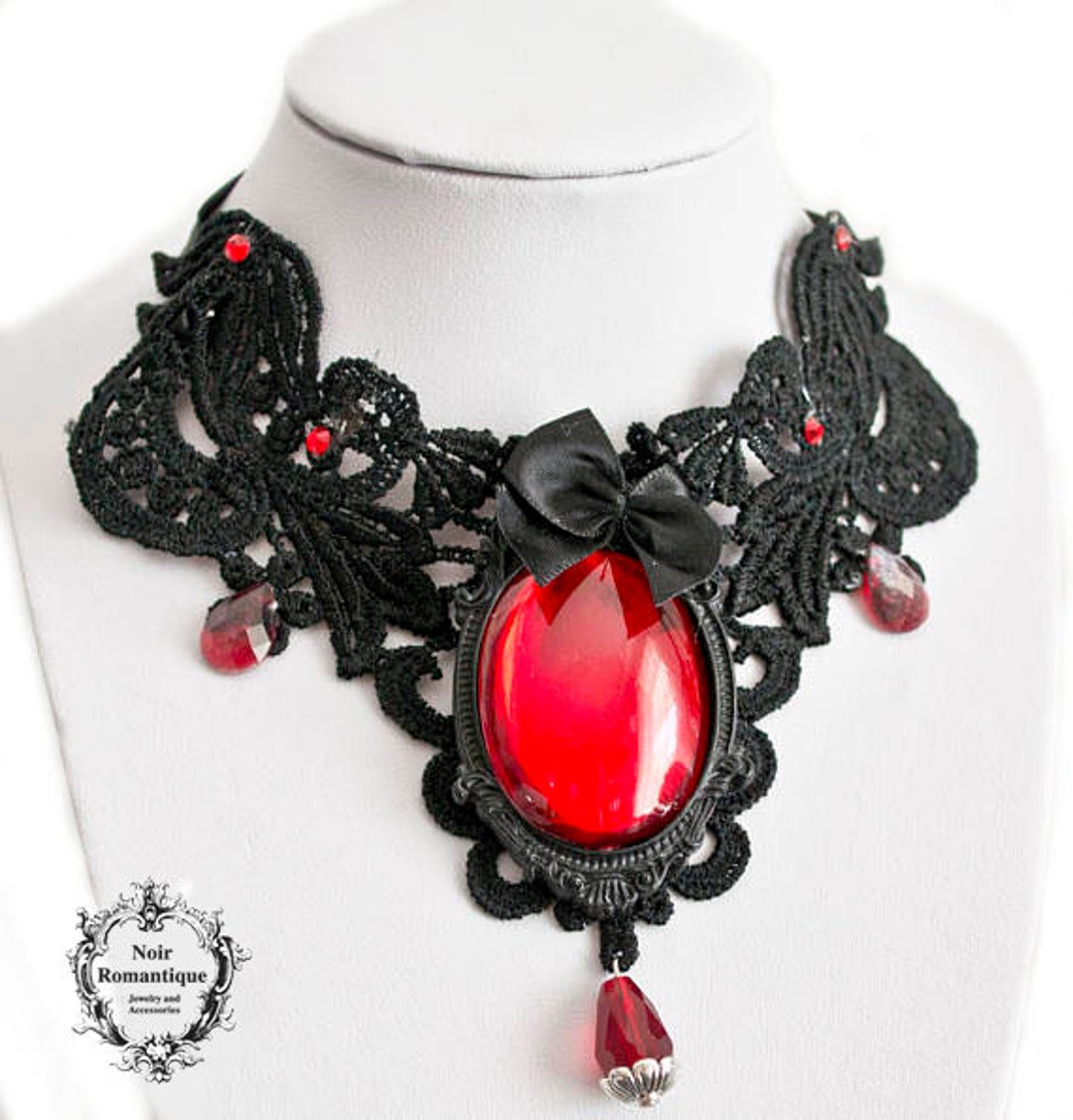 Black Lace Gothic Choker With Red Gem-gothic Lace Choker-choker ...