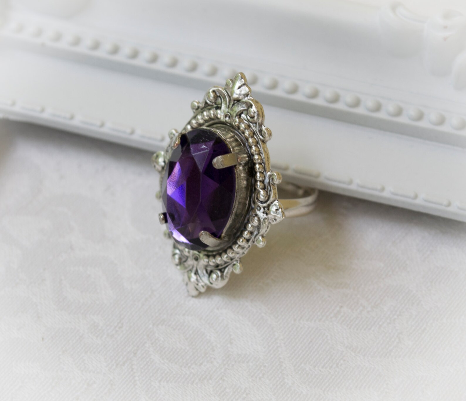 Victorian Gothic Silver Ornate Adjustable Ring With Amethyst | Etsy