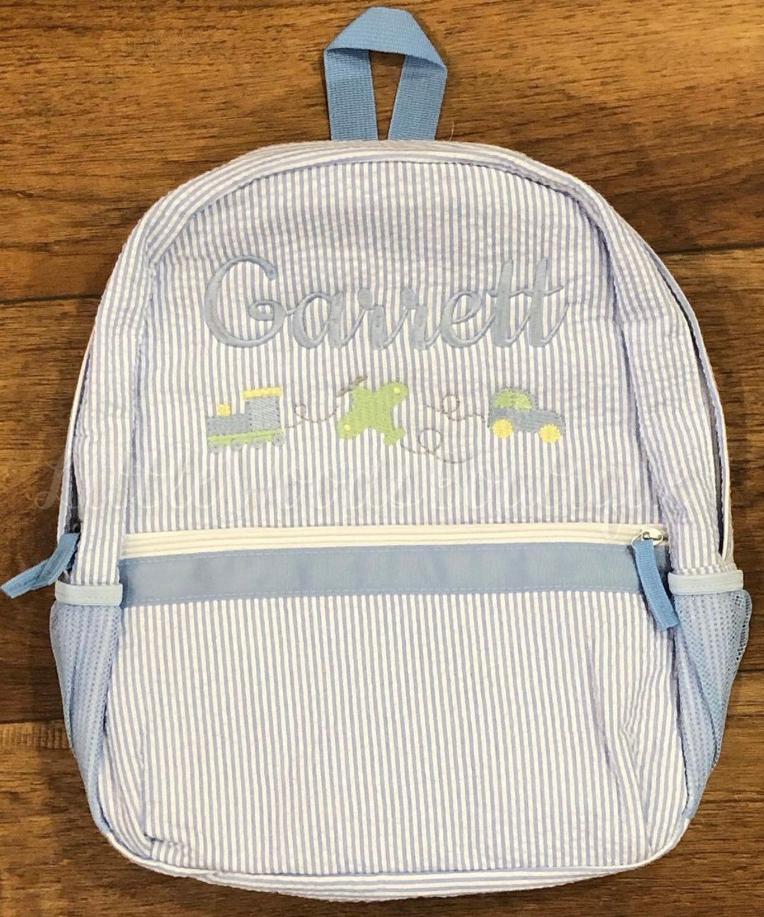 Seersucker Backpack - Baby Blue Seersucker Personalized Plane, Train ...