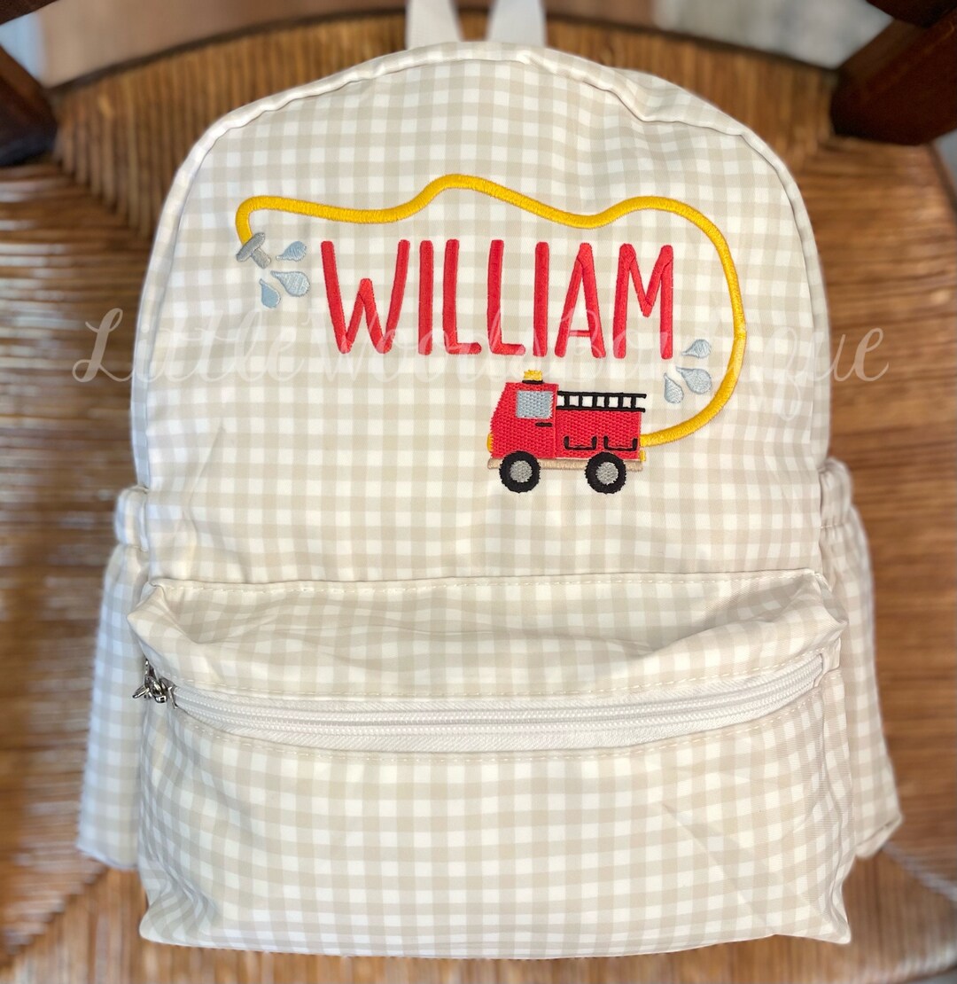 Backpack - Tan Gingham Backpack With Firetruck - Etsy