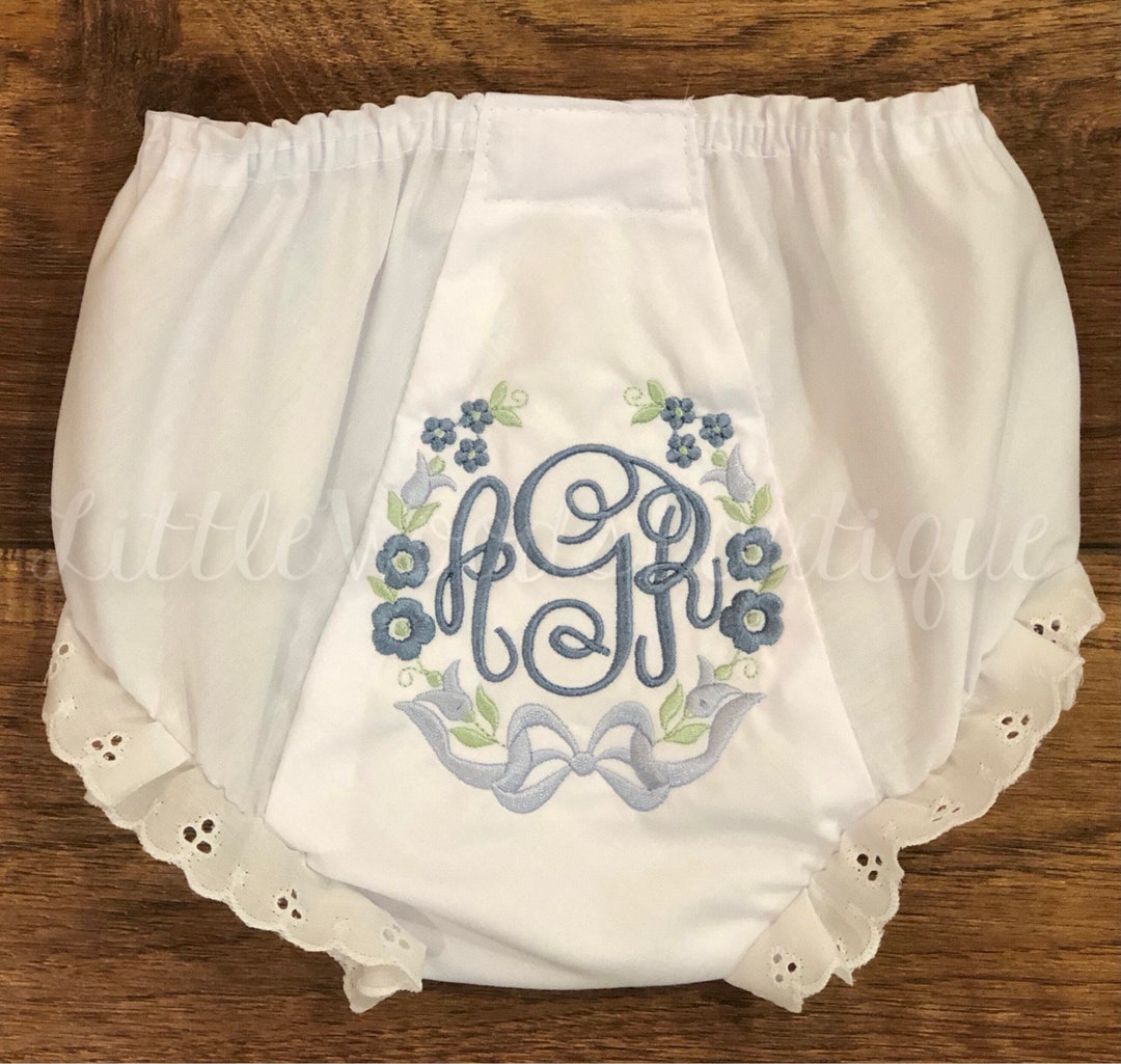 Bloomers - Blue Floral Wreath Monogrammed Diaper Cover - Dainty ...
