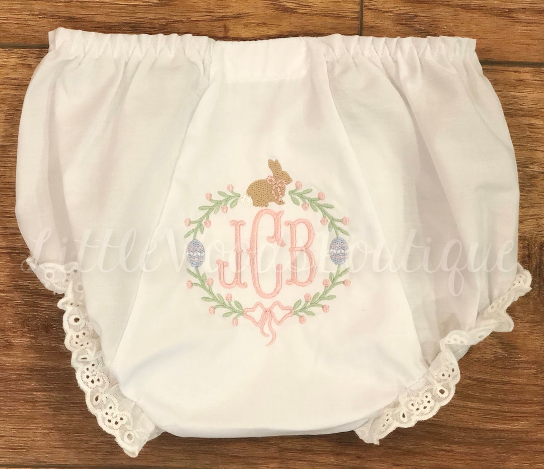 Bloomers - Monogrammed Eyelet Easter Bunny Wreath Diaper Cover - White ...