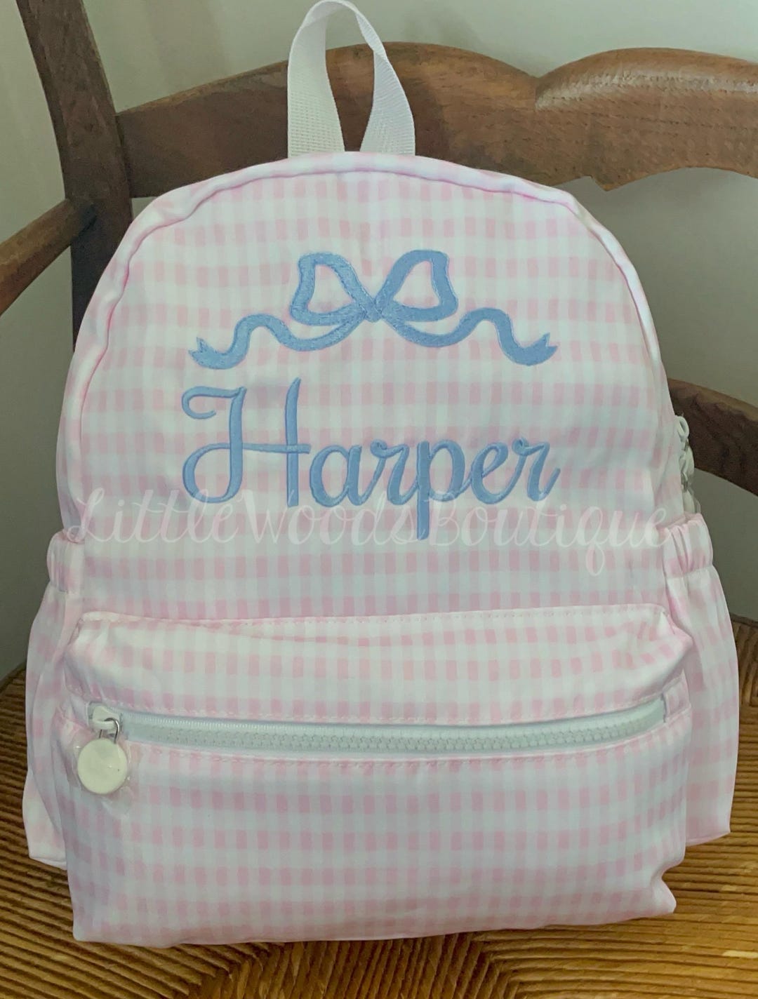 Backpack - Pink Gingham Backpack With Name and Bow Topper - Etsy