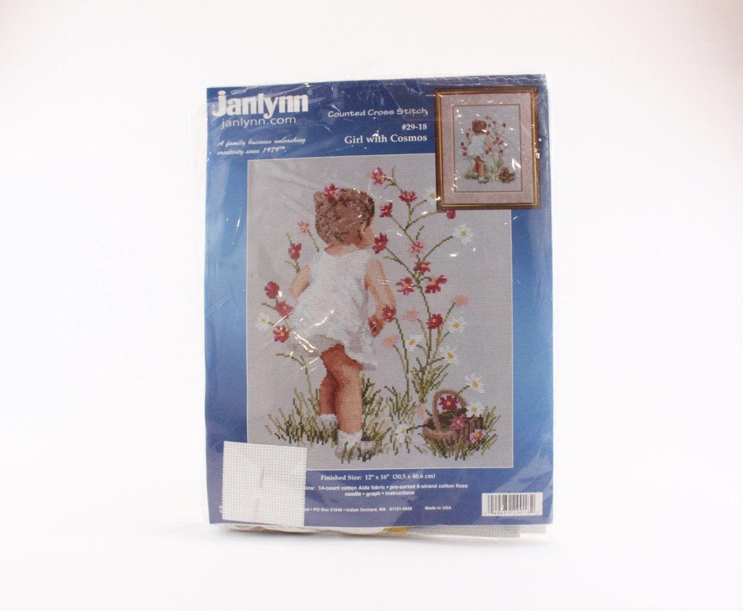 Vintage Cross Stitch Kit, Janlynn Kit, Girl With Cosmos #29-18 - Etsy