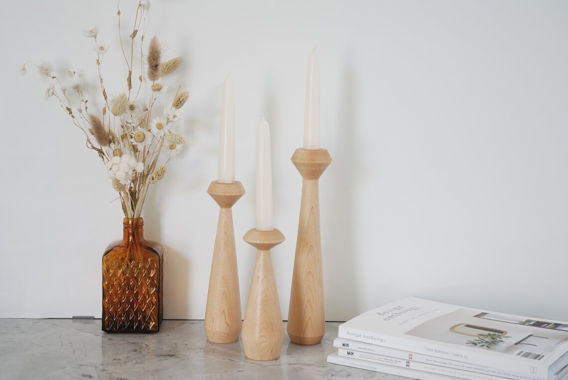 Set of 3 Handturned Minimalist Wood Candlestick Maple Wood - Etsy
