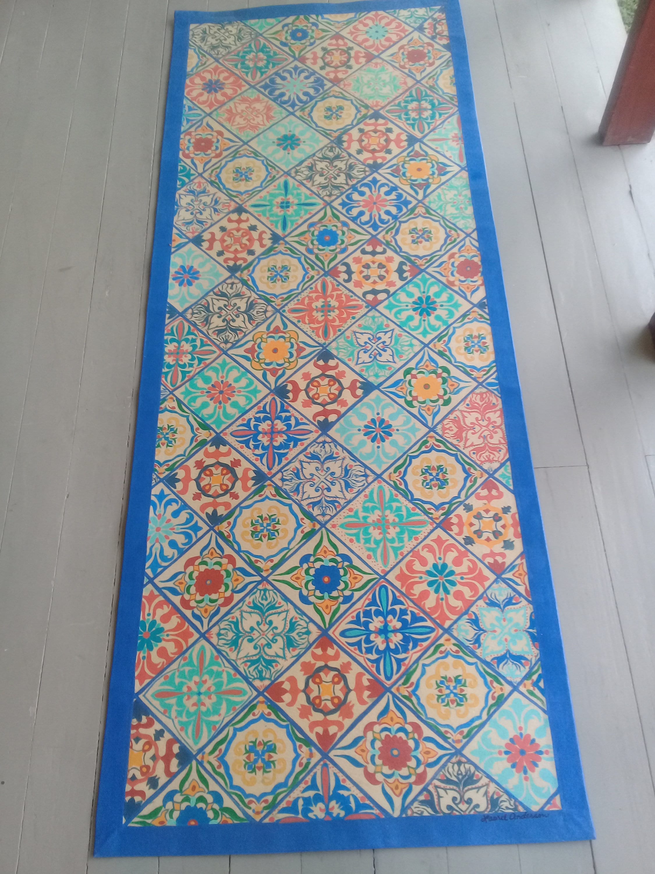 Hand Painted Tile Canvas Runner Rug Canvas Floor Cloth Blue, Orange ...