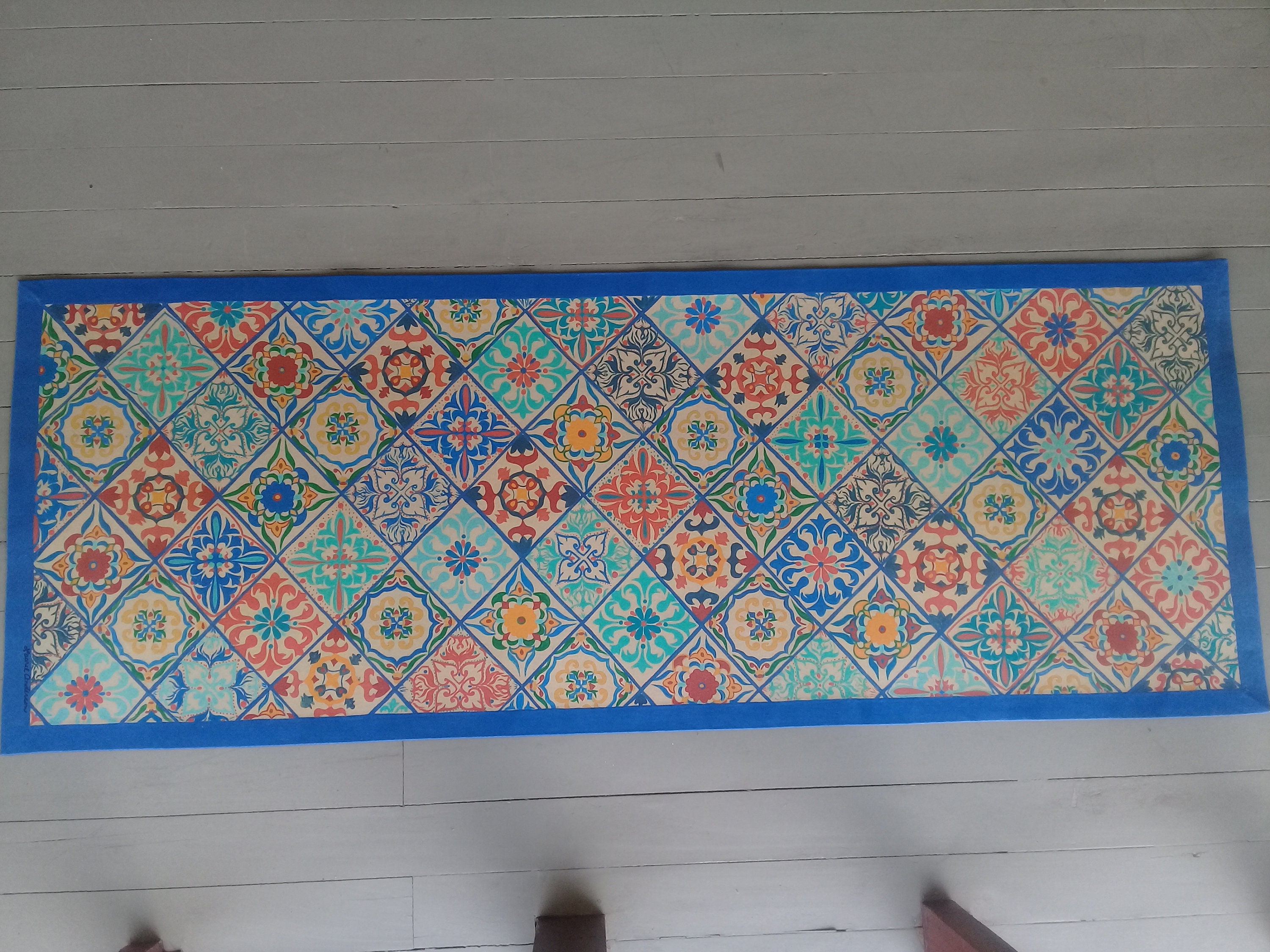 Hand Painted Tile Canvas Runner Rug Canvas Floor Cloth Blue, Orange ...