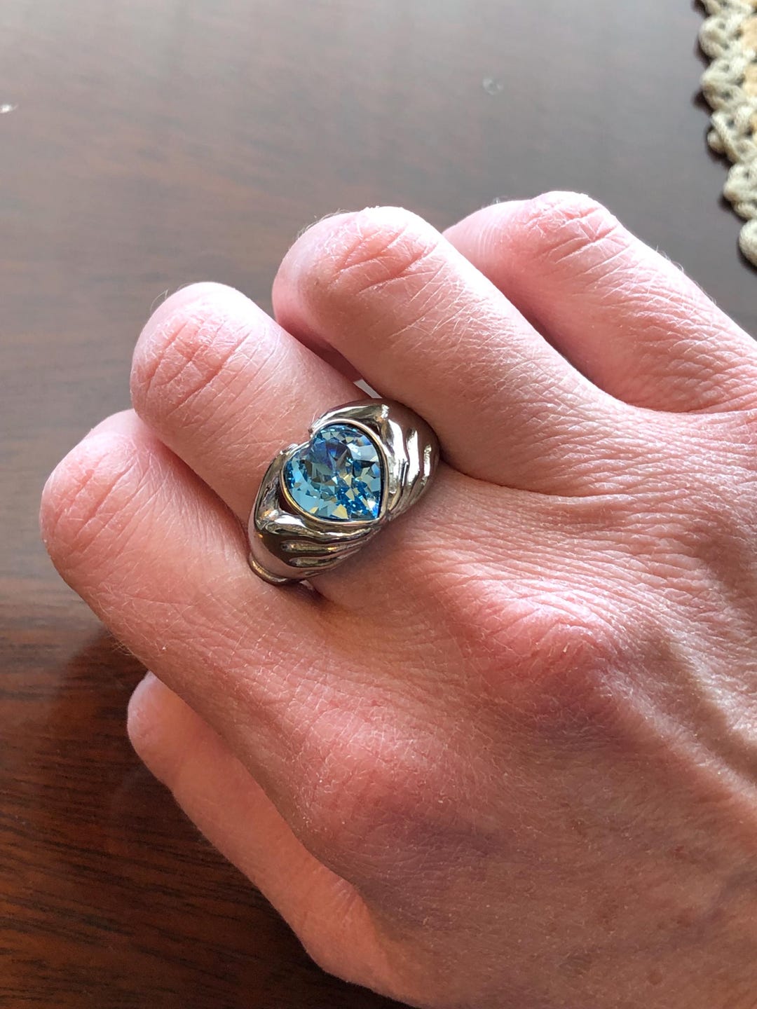 Large Blue Rhinestone Heart Ring With Hands, Claddagh Style, Size 10.75 ...