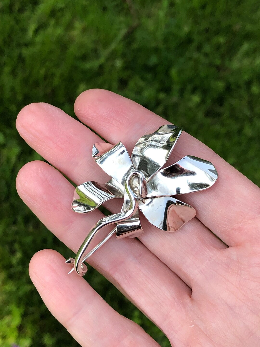 Artisan Made and Signed Sterling Silver Modernist Flower Brooch, Groovy ...