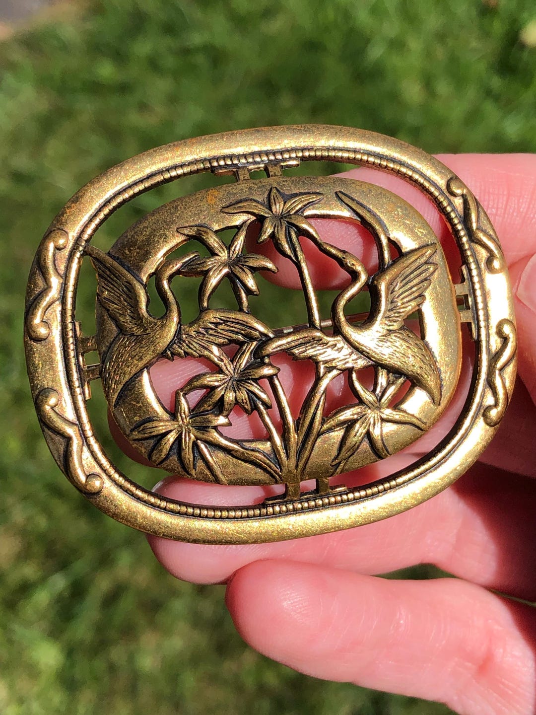 Vintage Brass Sash Pin Featuring Cranes and Flowers - Etsy