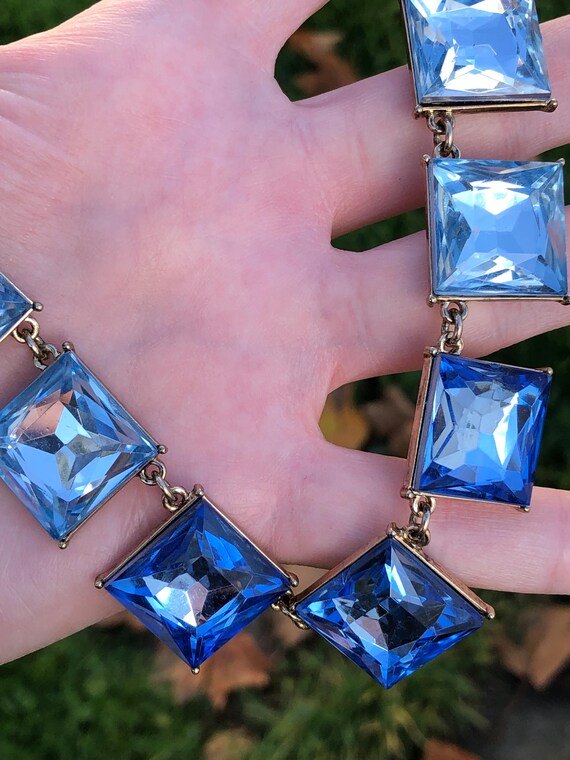 Sparkly blue and light green square rhinestone neckla… - Gem