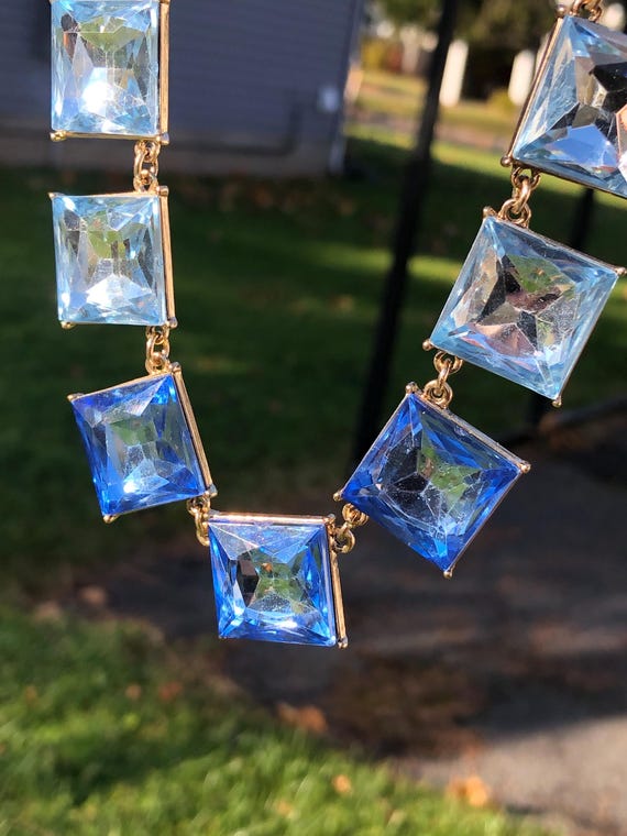 Sparkly blue and light green square rhinestone neckla… - Gem