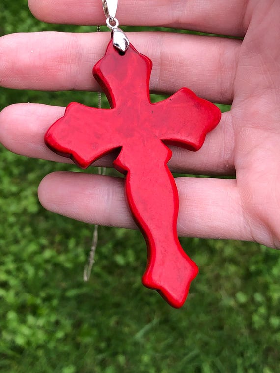 Large red resin gothic cross pendant on sterling chain - Gem