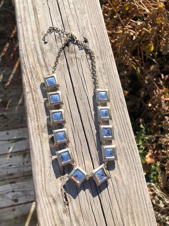 Sparkly blue and light green square rhinestone neckla… - Gem