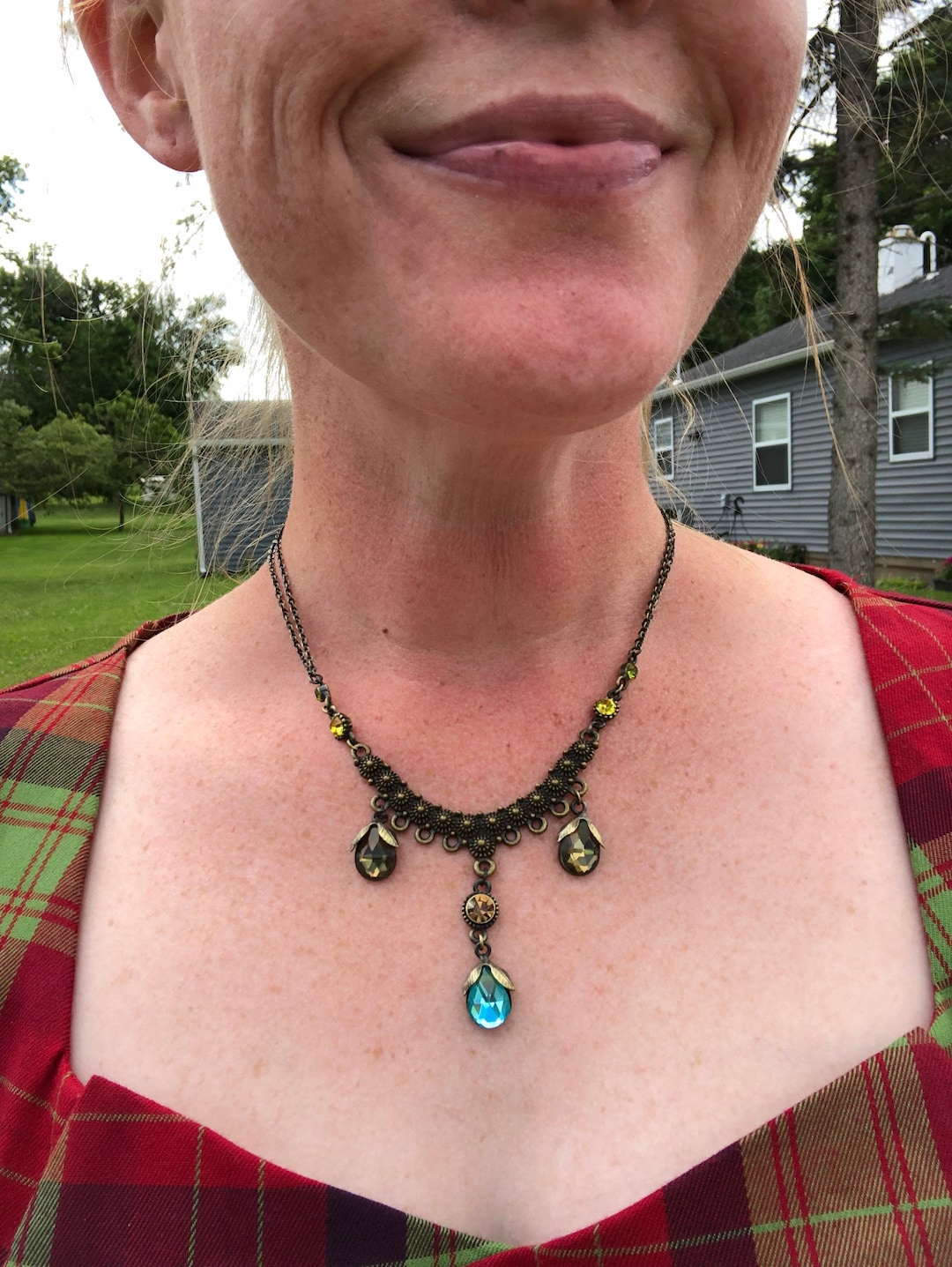 Crystal Necklace With Checkerboard Cut Crystals and Leaf Details ...