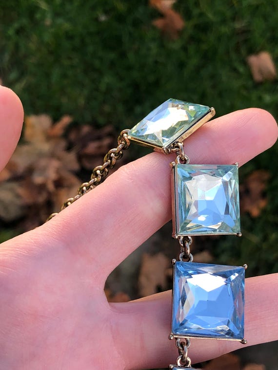 Sparkly blue and light green square rhinestone neckla… - Gem