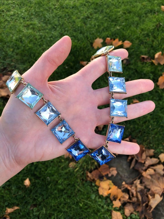 Sparkly blue and light green square rhinestone neckla… - Gem