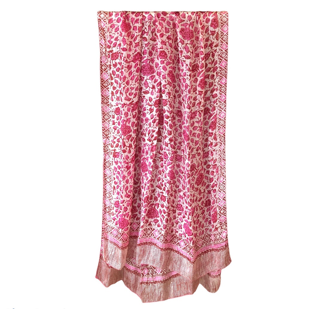 Raw Sheer Pink Java Silk Scarf Women's Hand-stamped Big Flower Scarf ...