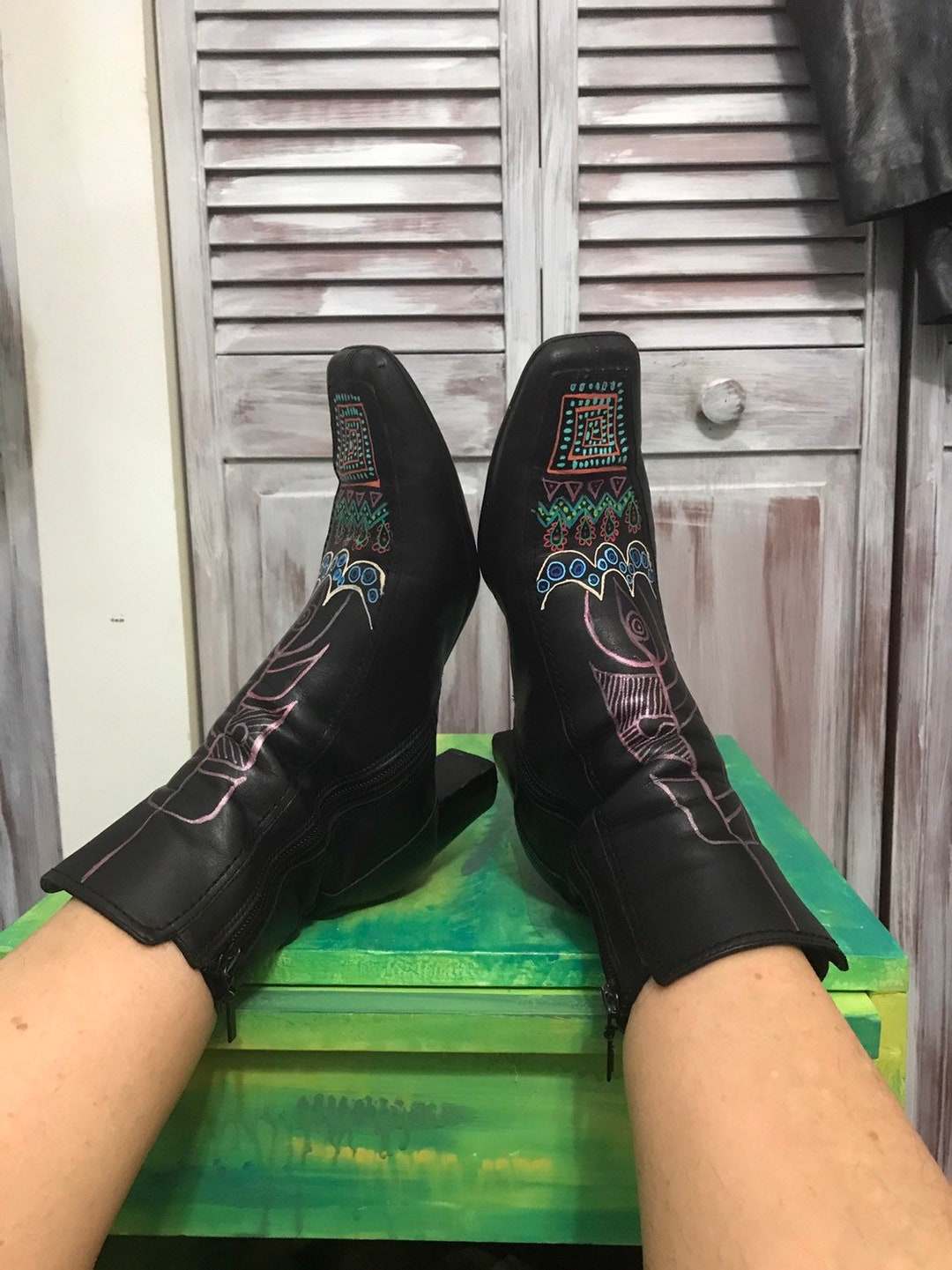 Black Boot - Upcycled Boot Painted With Paisley Mandalas, Feather ...
