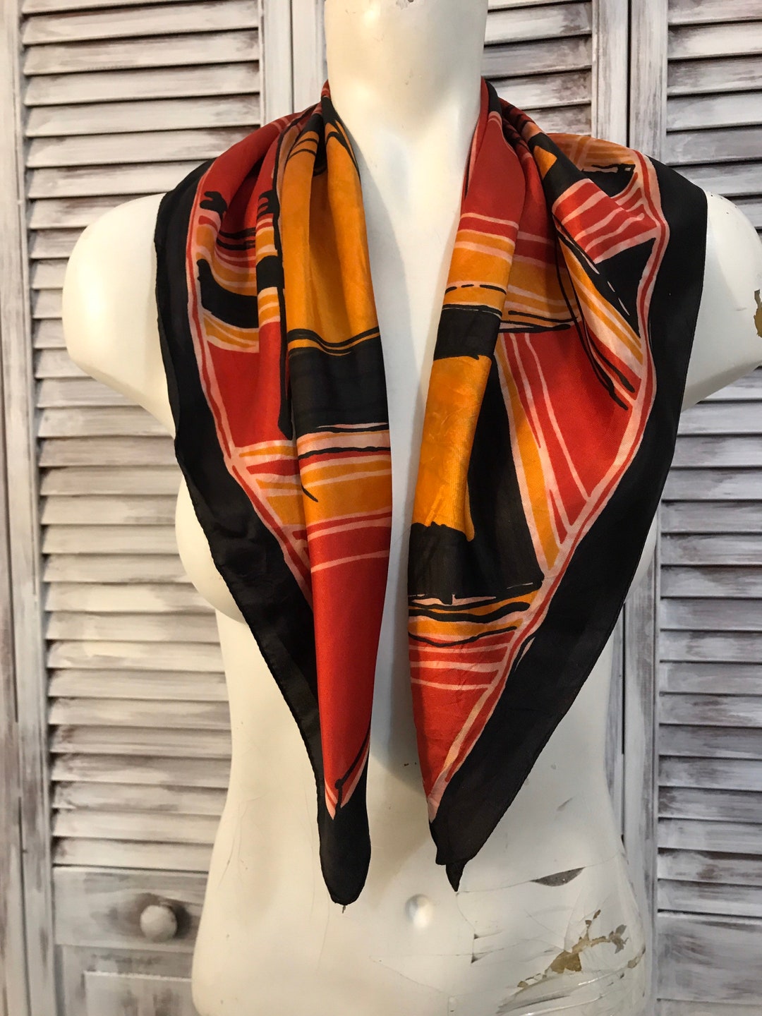 Vintage 70s Scarf Pretty Abstract Print in Red, Orange, Brown Colors 26 ...