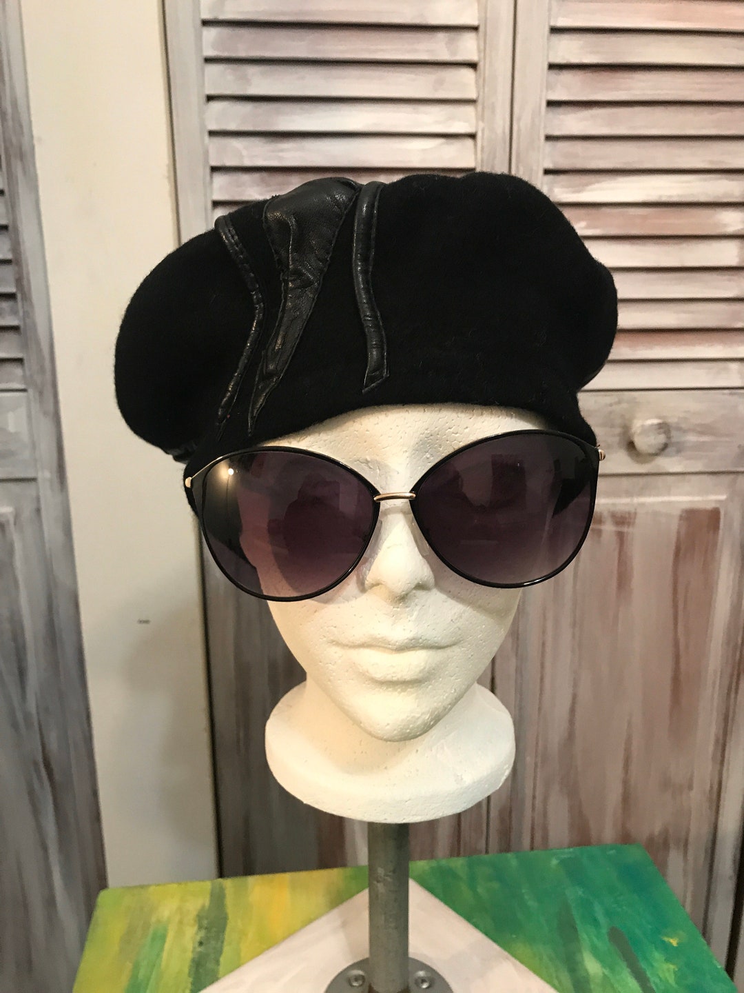 Vintage Black Wool and Leather Beret - Pretty and Warm, Superb Autumn ...