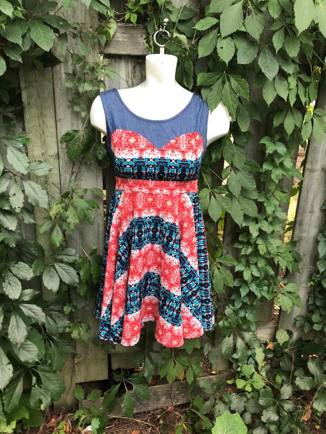 Short Circular Dress With Print and Jeans Back Zipper Rock a Billy ...