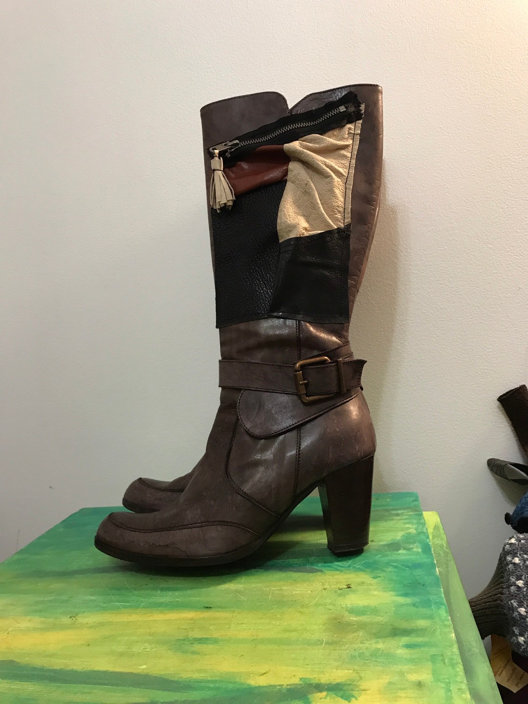 Upcycled Patchwork Boot Round Toe Boot Black Leather Boot Small Heel 15 ...