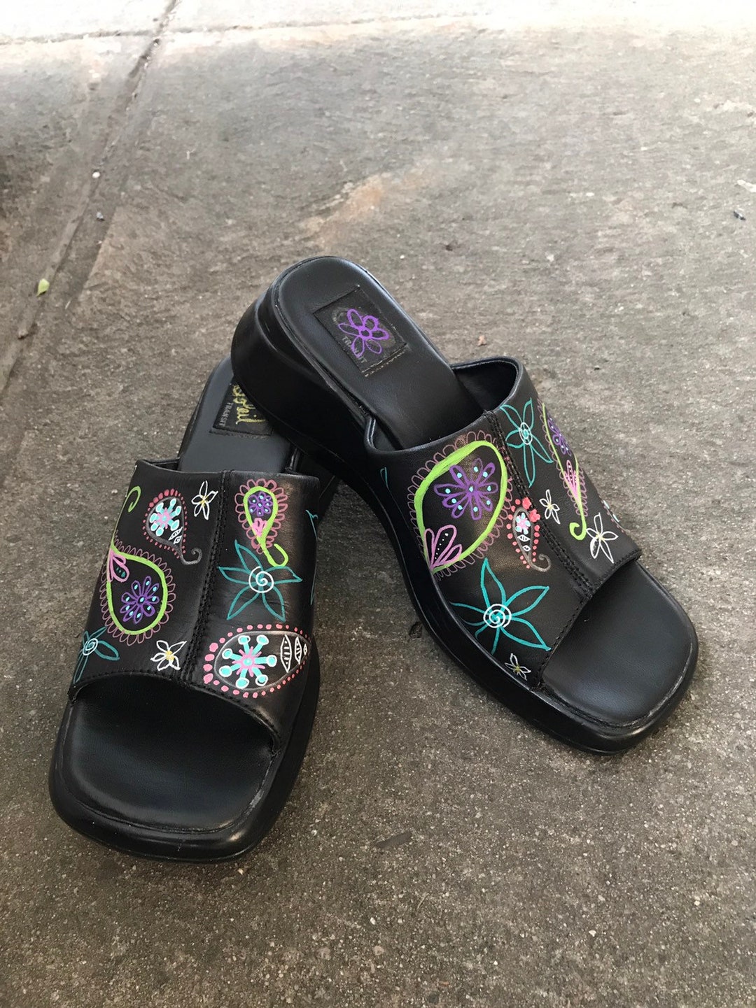 Mules Sandals up Cycled Hand Painted Multicolored Paisley Wide Feet in ...