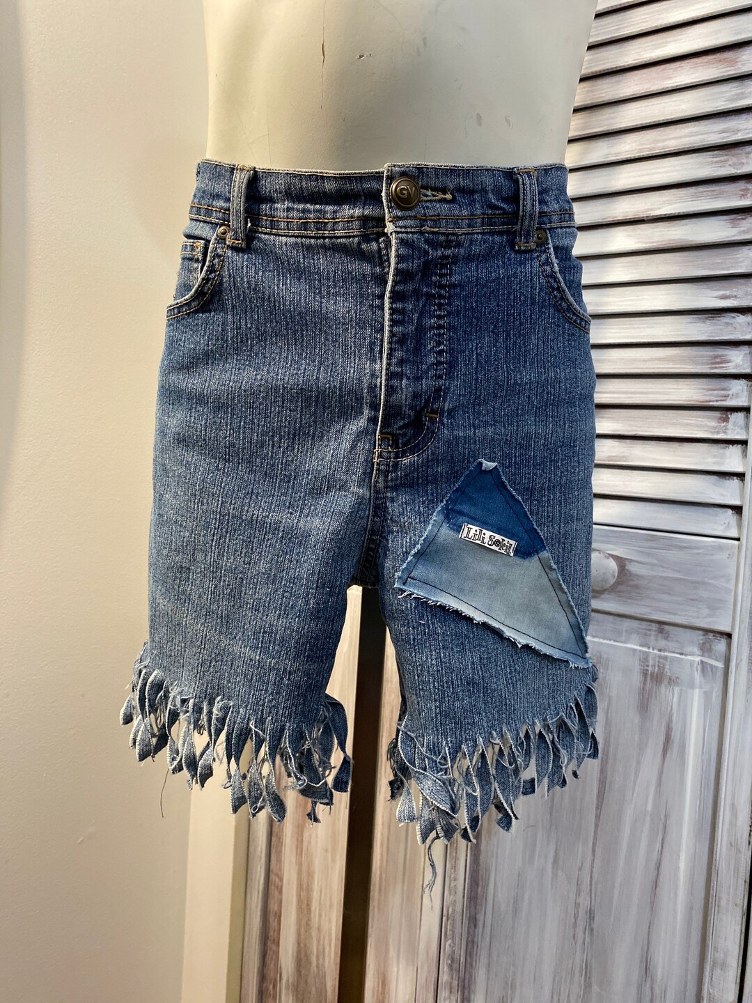 Vintage Jeans Shorts Upcycled Shorts Patches and Fringes Pale Blue ...