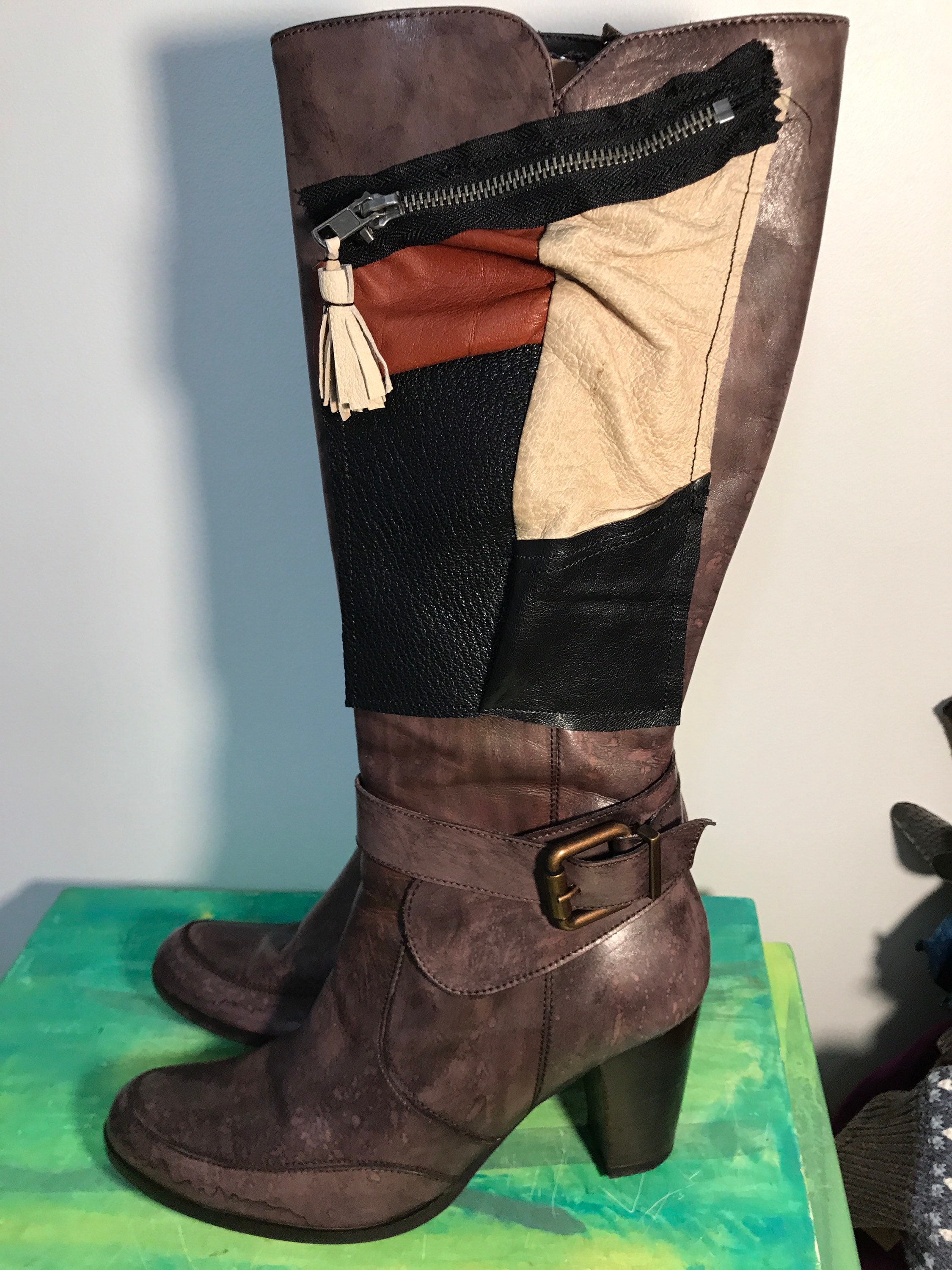 Upcycled Patchwork Boot - Round Toe Boot - Black Leather Boot With ...
