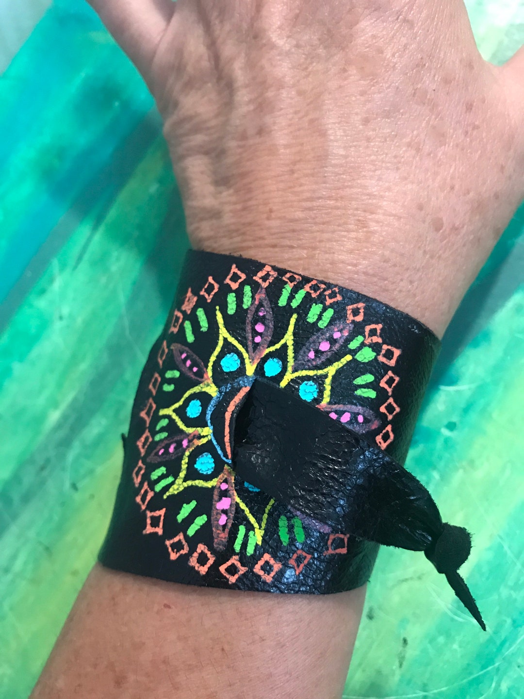 Leather Bracelet Mandalas Bracelet Hand Painted Bracelet Adjustable ...