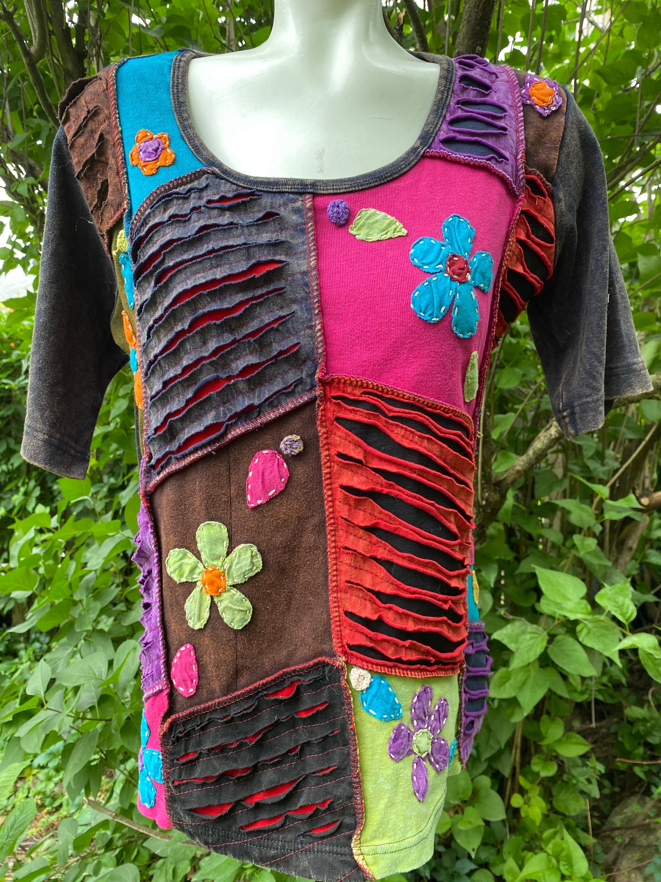 Patchwork-Pullover Damen Vintage kurze Ärmel Größe 1XL | Etsy