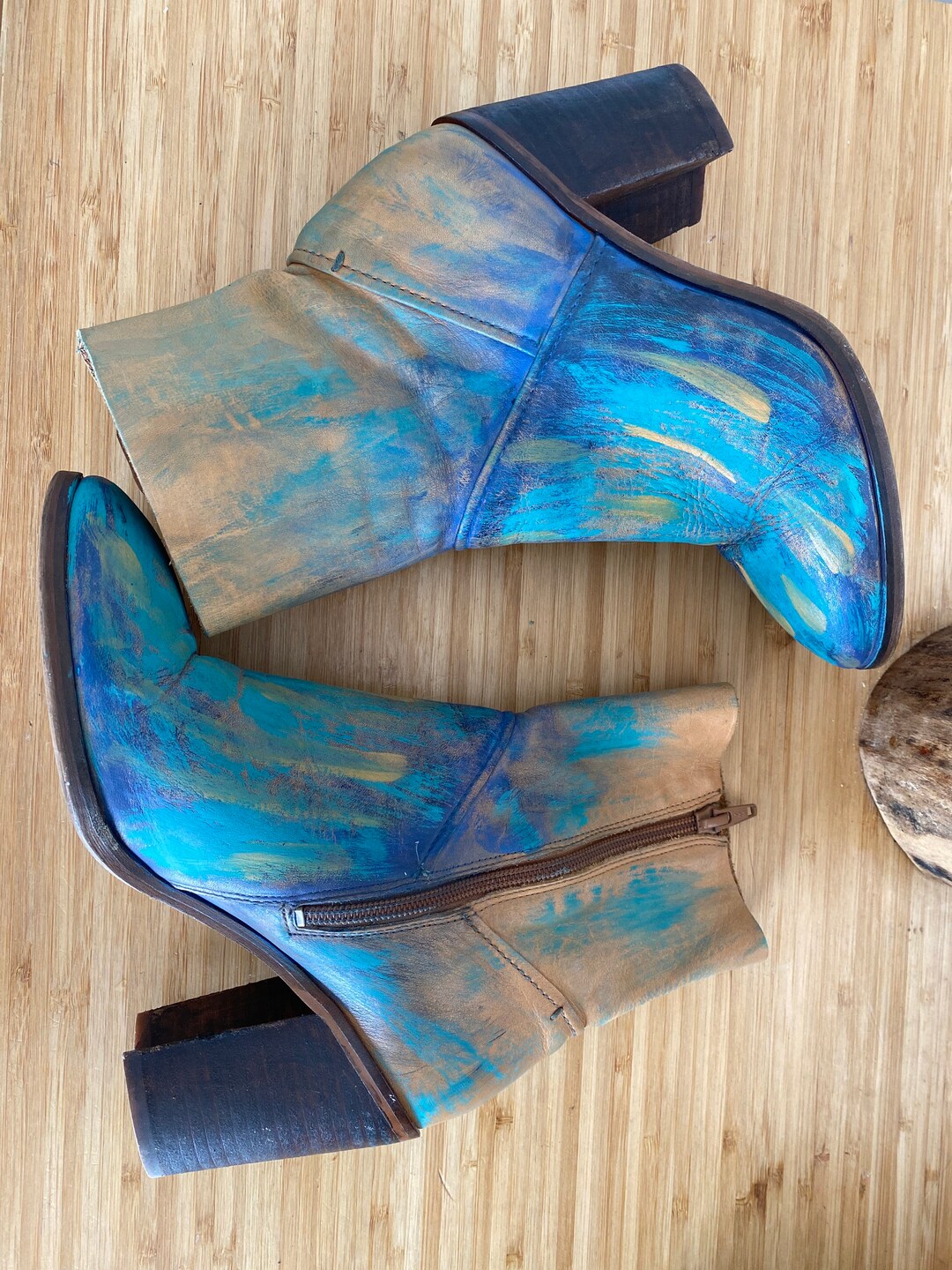 Upcycled Booties Hand Painted Round Toe Boot Beige Leather Boot Small ...