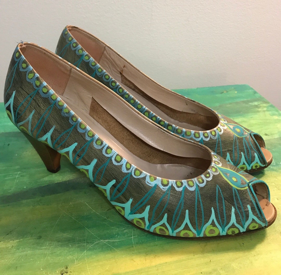 Vintage Upcycled Shoe Peep Toe Shoes Hand Painted Upcycled Shoes Green ...