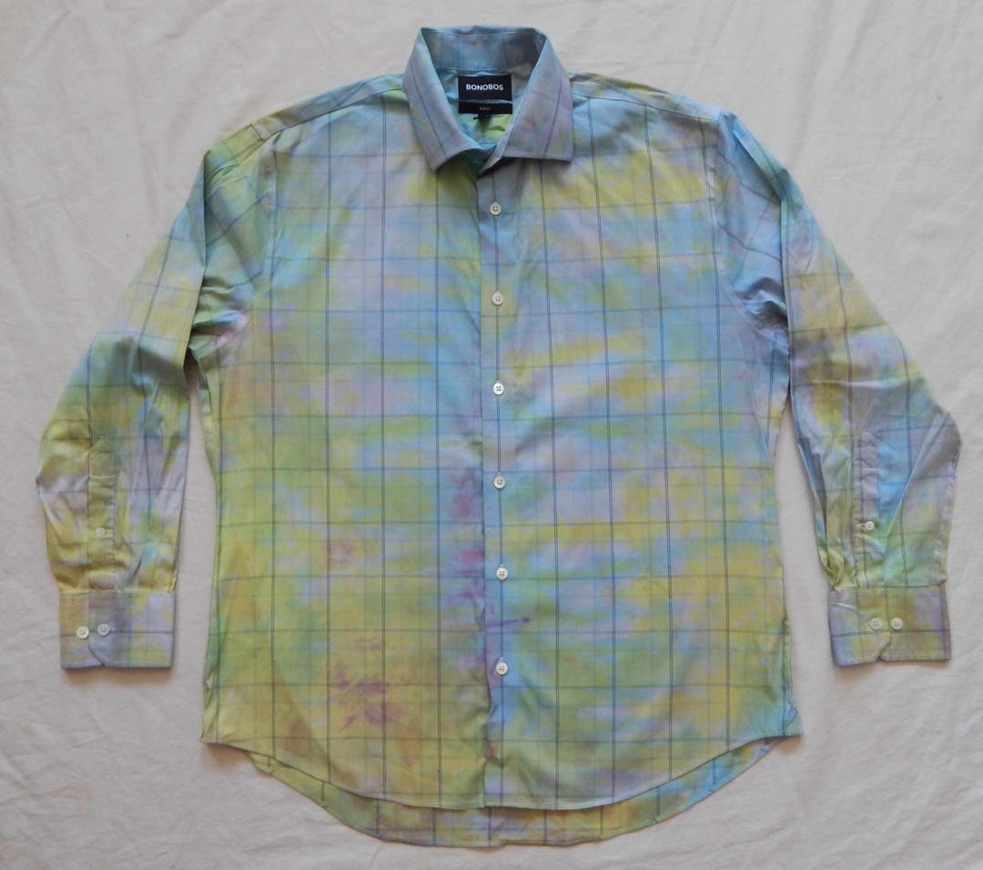 Tie Dye Blue Yellow Long Sleeve Button up Shirt - Large Mens Slim Mens ...