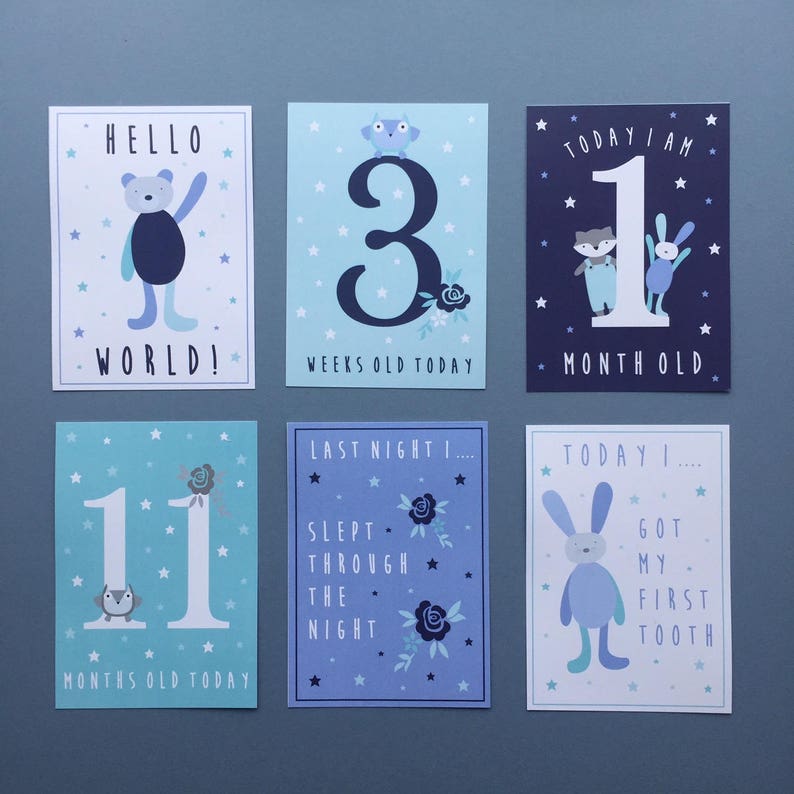 Baby Milestone Cards Set Blue Navy mint turquoise White Baby | Etsy
